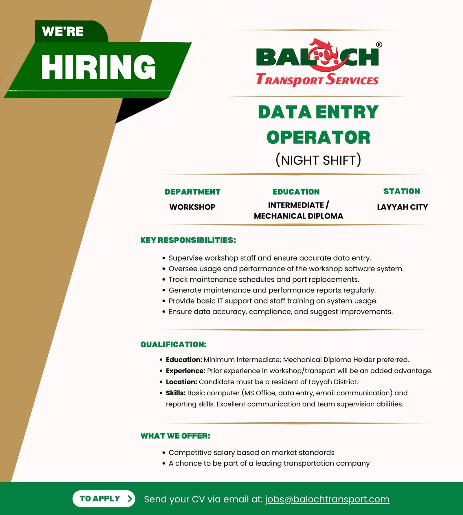 Baloch Transport Services Data Entry Operator Jobs 2026