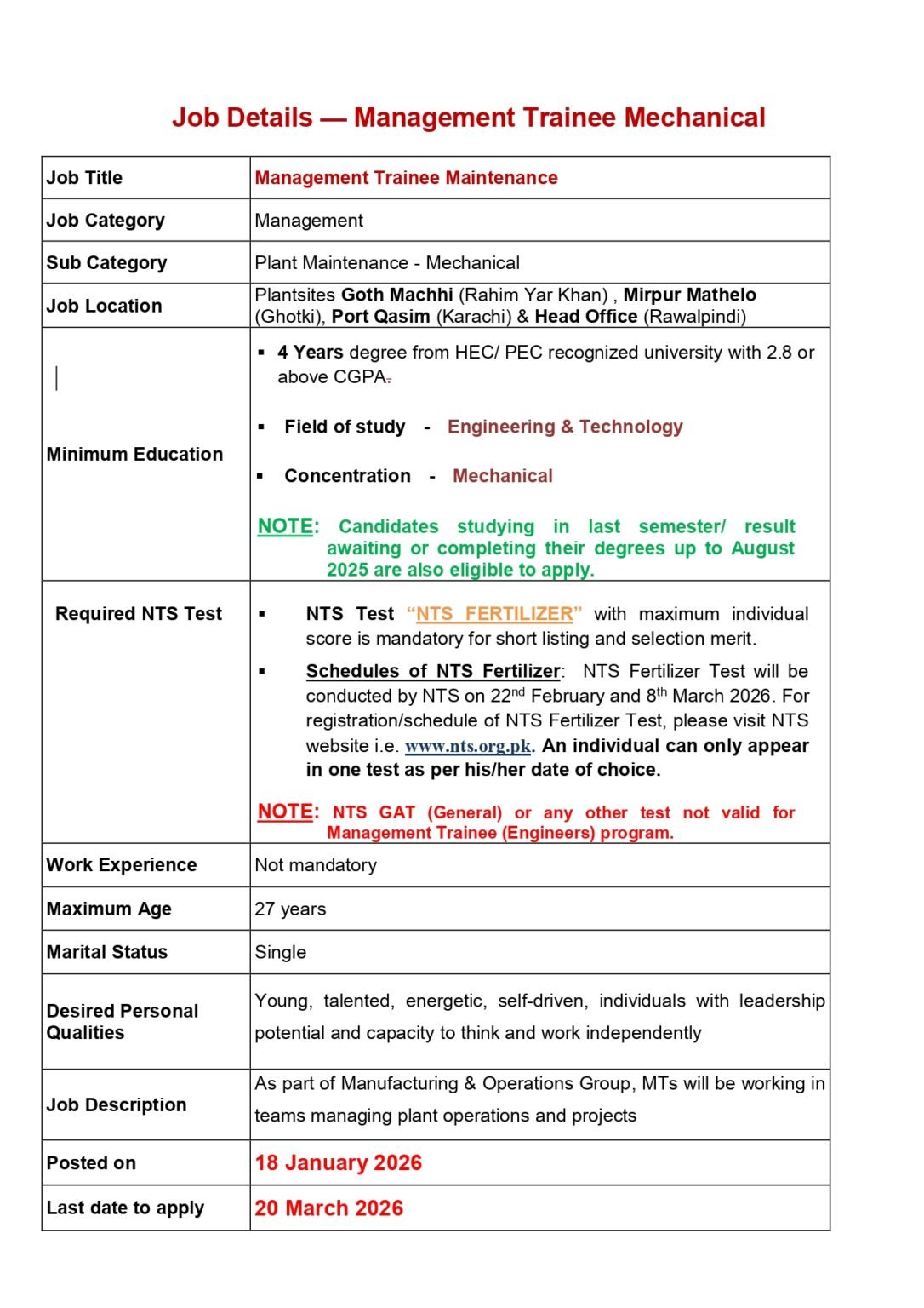 Elite Oppurtunity: Apply for FFC Management Trainee Mechanical 2026